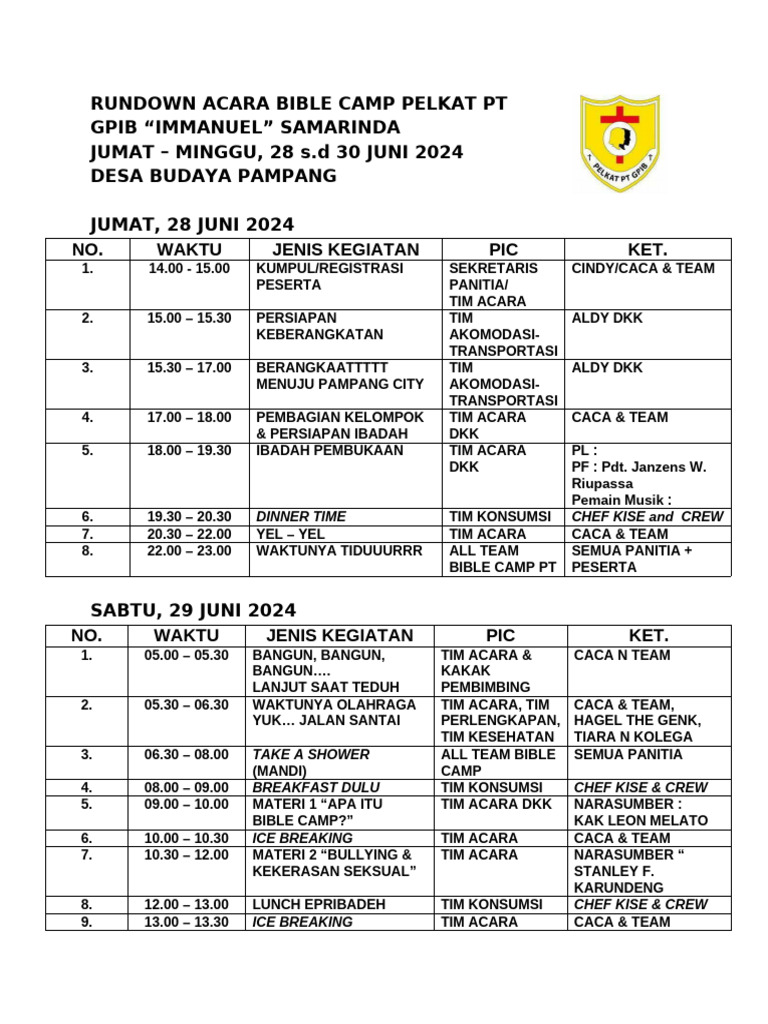 Rundown Acara Bible Camp Pelkat PT 2024 | PDF