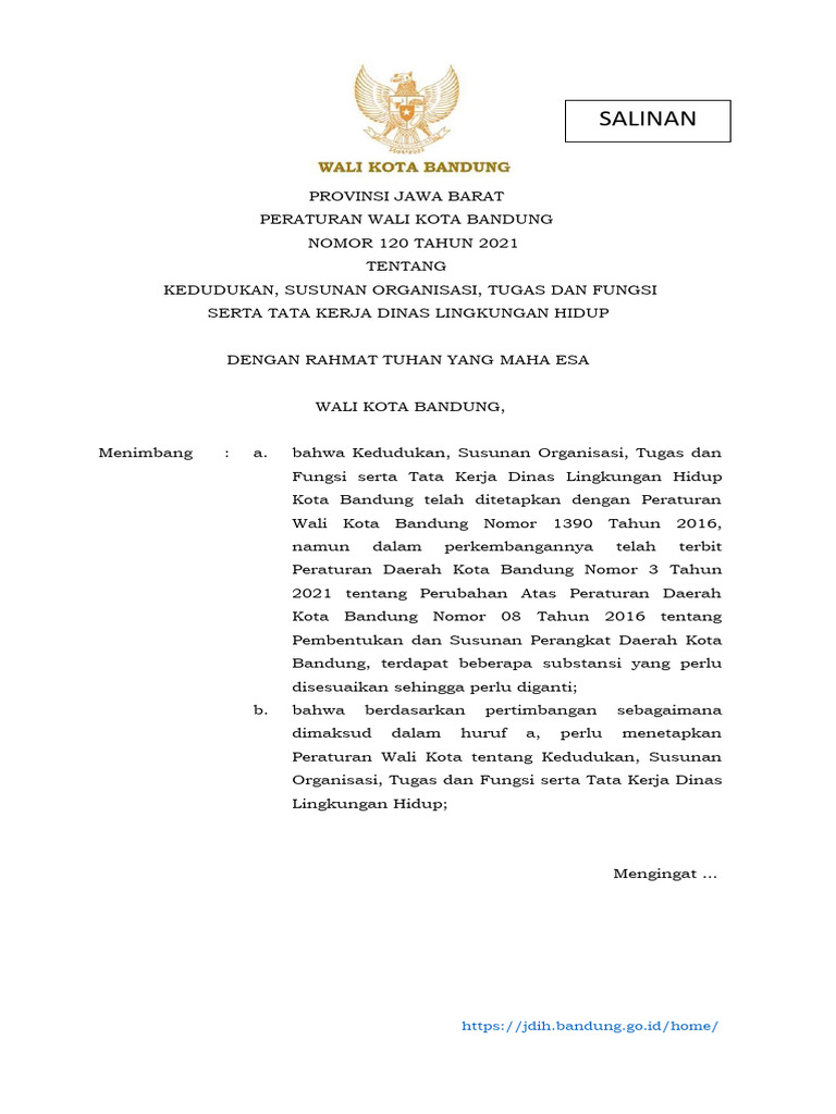 SLN Perwal 120 Tahun 2021 Sotk DLHK | PDF