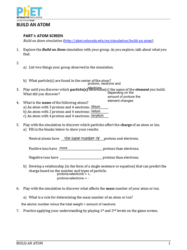 Build An Atom GuidedInquiry StudentHandout | PDF