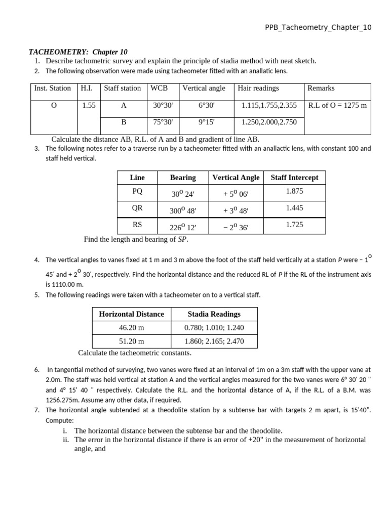 Tacheometry Survey Techniques and Calculations | PDF | Metrology ...