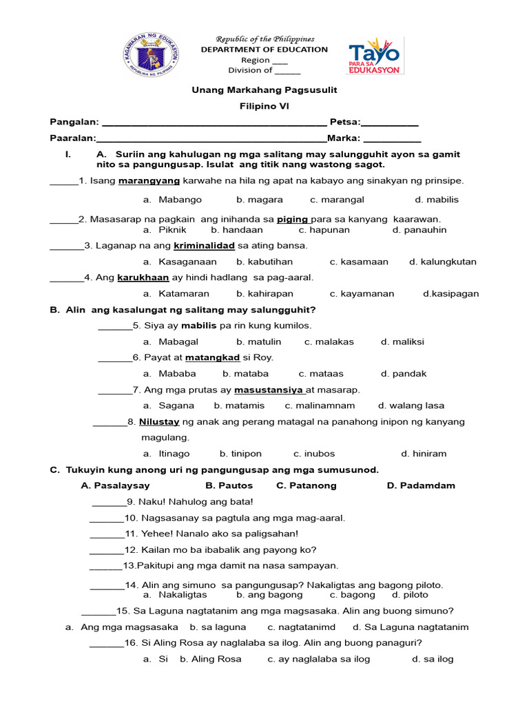 PT - Filipino 6 - Q1 V2 | PDF