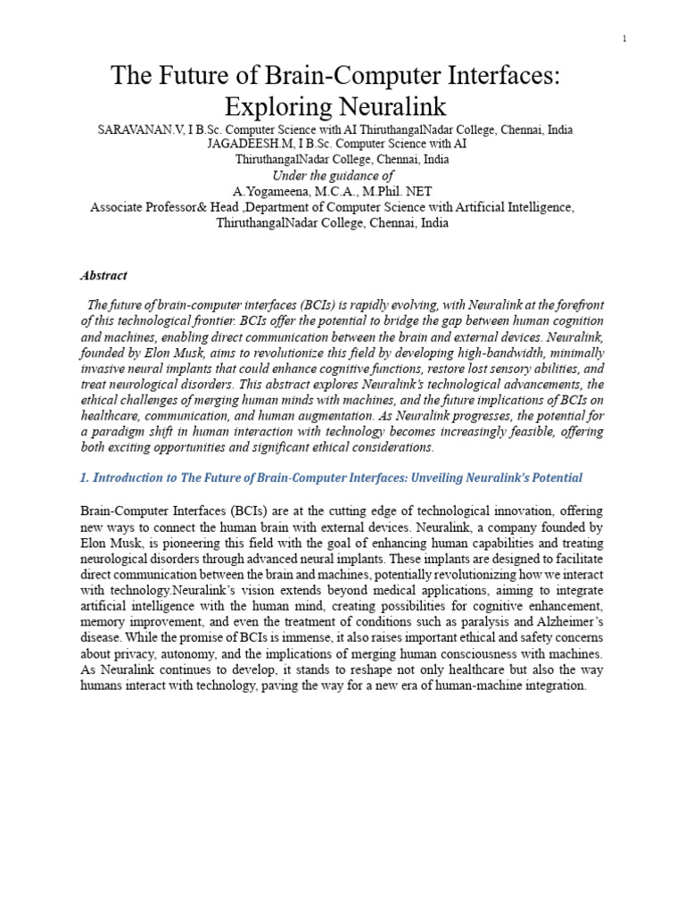 The Future of Brain-Computer Interfaces: Exploring Neuralink | PDF