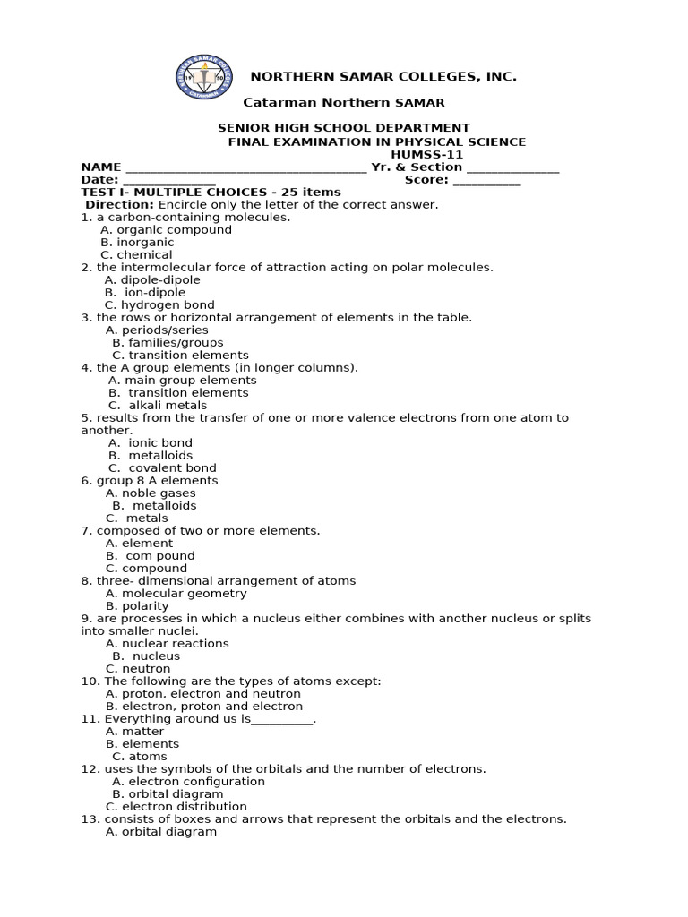 Senior High Physical Science Exam | PDF | Chemical Bond | Technology ...