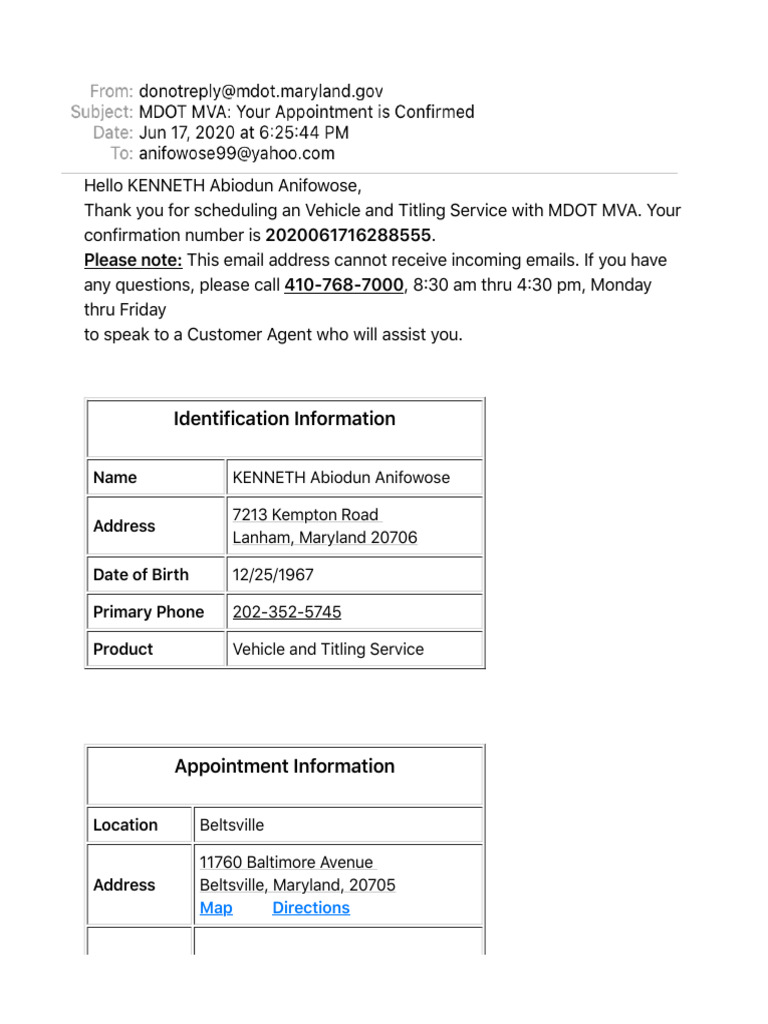 MDOT MVA Your Appointment Is Confirmed | PDF