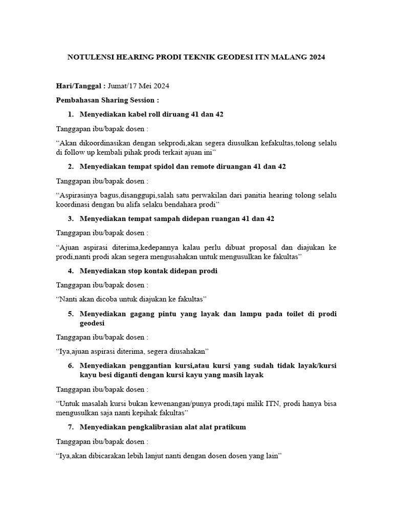 Notulensi Hearing Prodi Teknik Geodesi Itn Malang 2024 | PDF