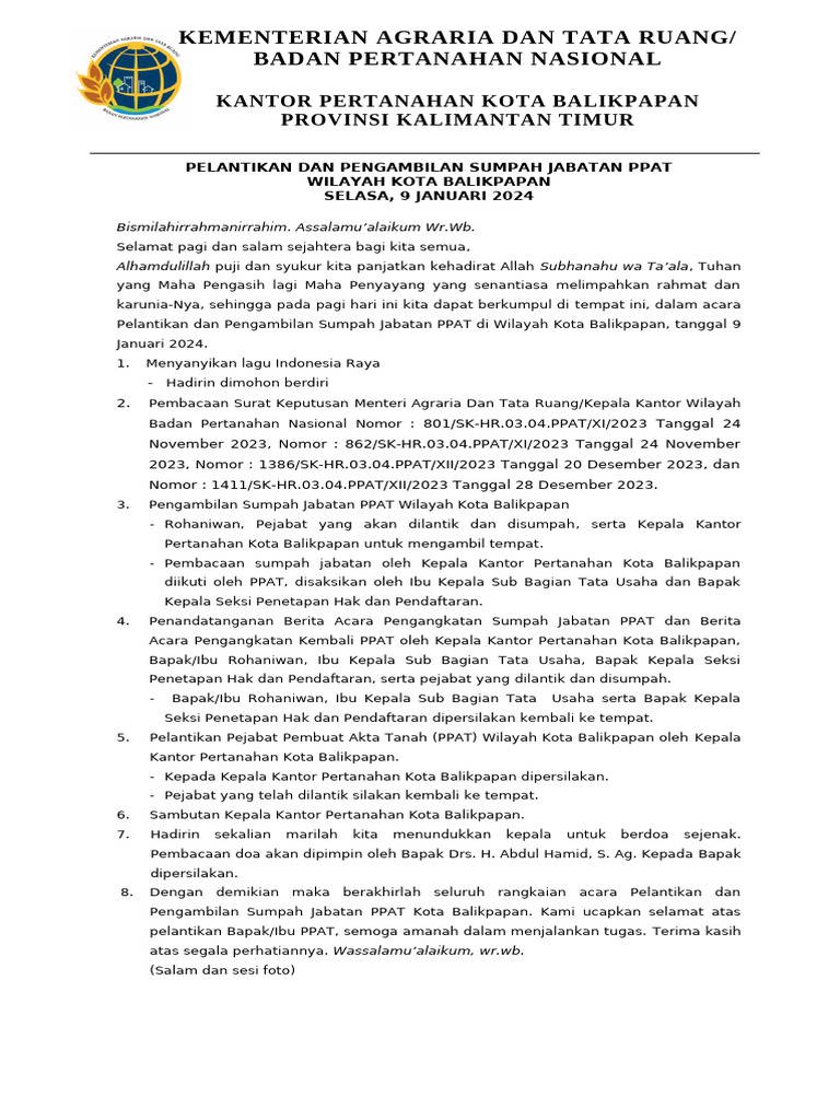 Susunan Acara Pelantikan PPAT 2024 | PDF