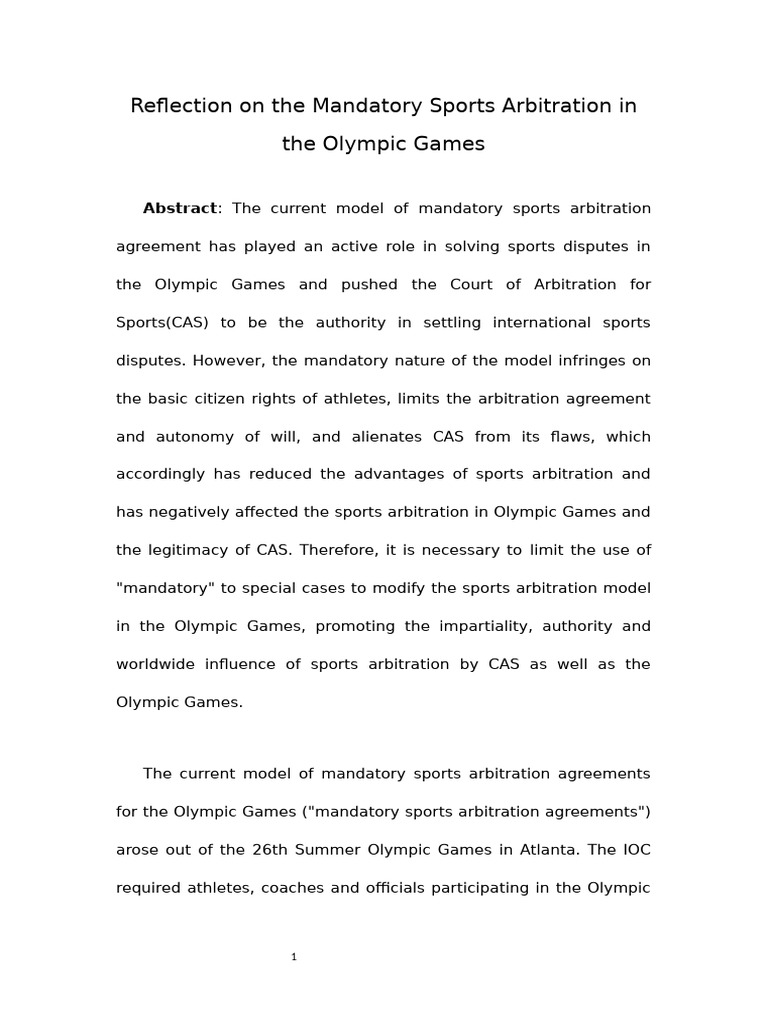 Reflection On The Mandatory Sports Arbitration in The Olympic Games | PDF