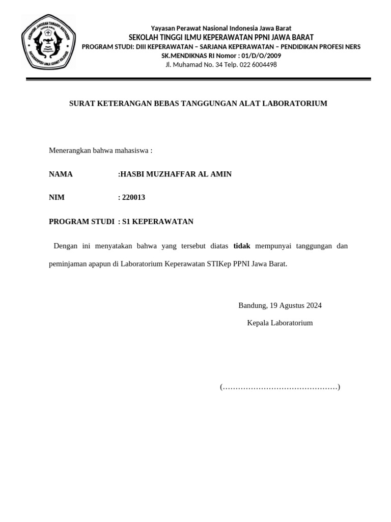 Form Bebas Tanggungjawab Laboratorium Hasbi | PDF