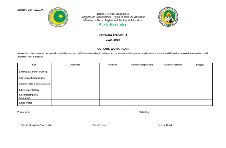 Be Form 2 School Work Plan | PDF