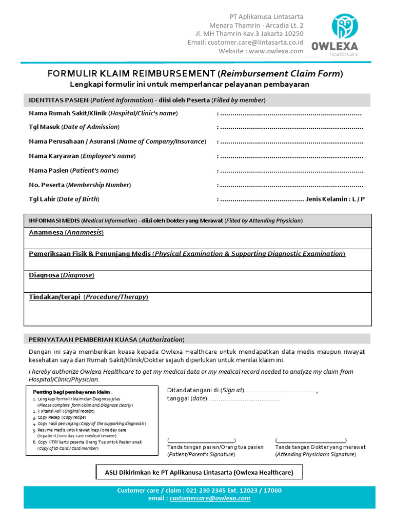 Formulir Klaim Reimbursement Owlexa | PDF