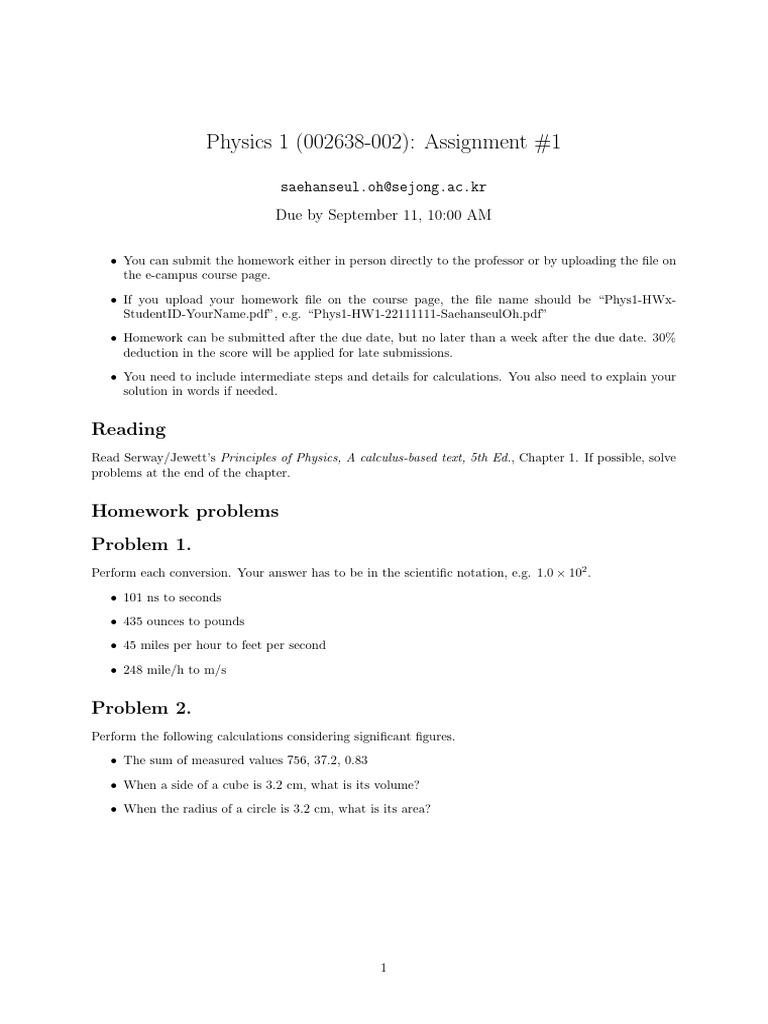 Physics1 HW1 | PDF