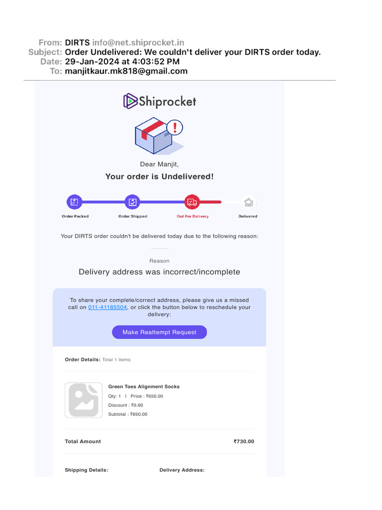 Order Undelivered We Couldn't Deliver Your DIRTS Order Today | PDF