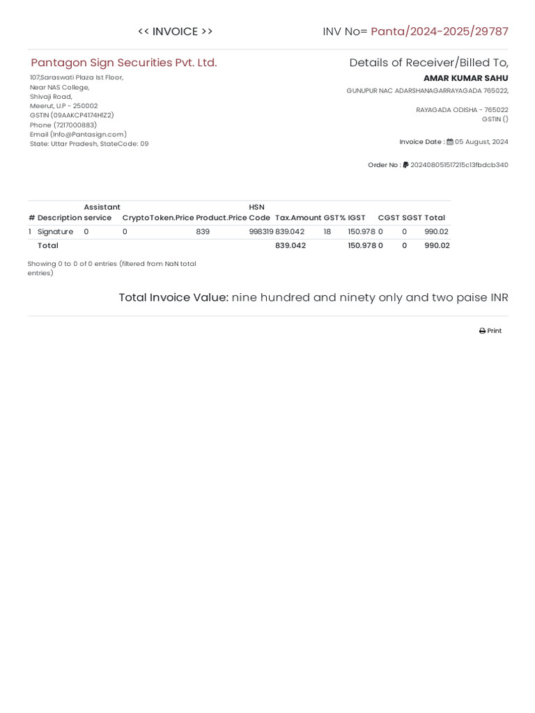 PantaSign Invoice - Pantagon Sign Securities Pvt. Ltd. | PDF