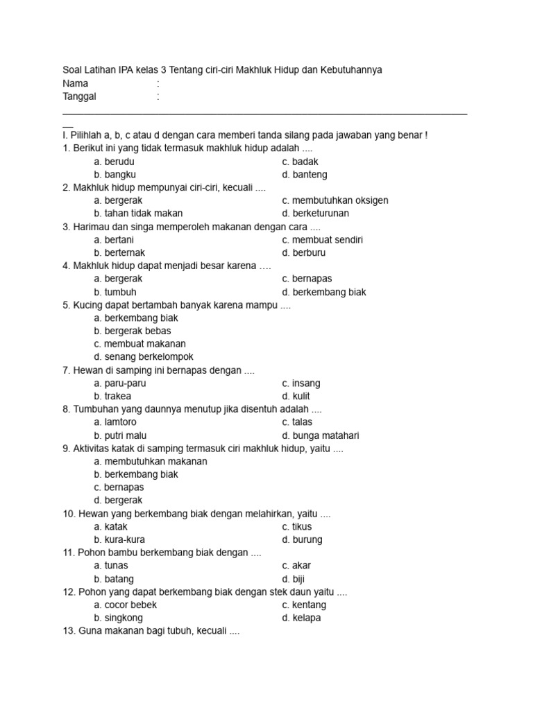 Soal Latihan IPA Kelas 3 Tentang Ciri-Ciri Makhluk Hidup Dan Kebutuhannya | PDF