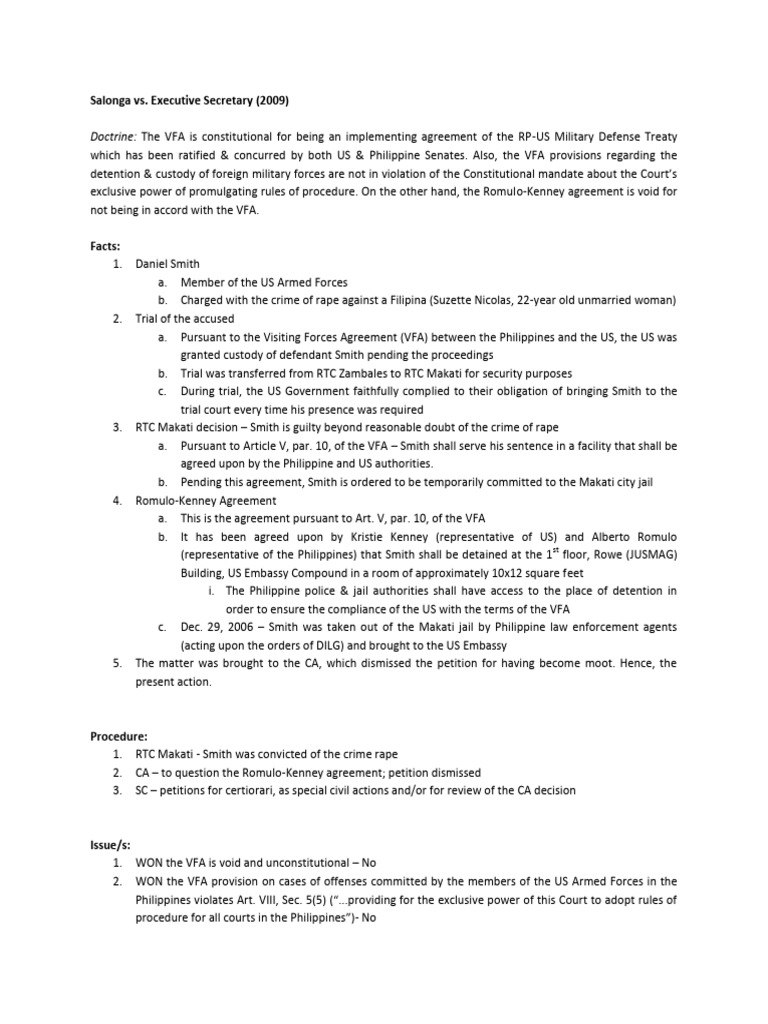 Salonga Vs Executive Secretary GR No 176051 | PDF