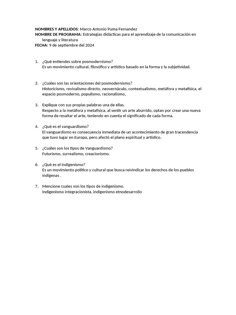M6 El Posmoderniusmo Vanguardismo Indigenismo Word | PDF