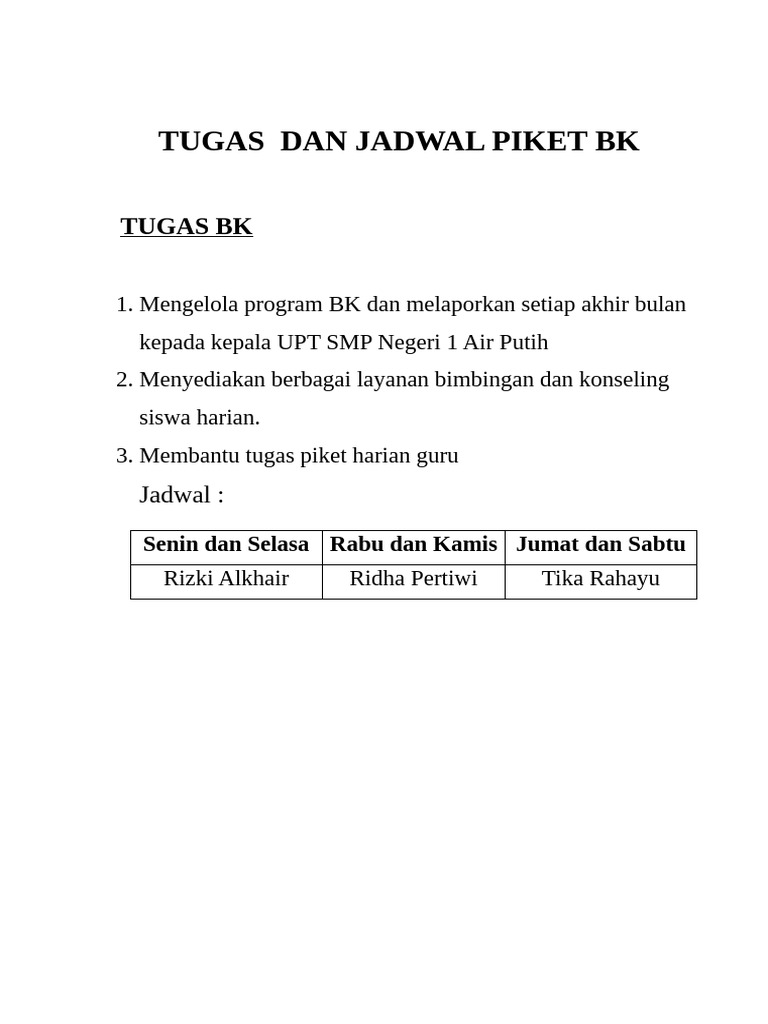 Jadwal Dan Tugas Piket BK | PDF