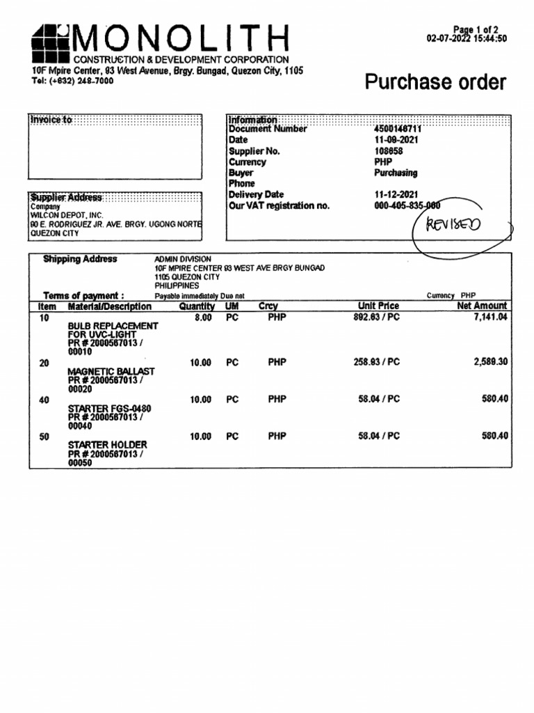 Revised Po Admin Wilcon | PDF