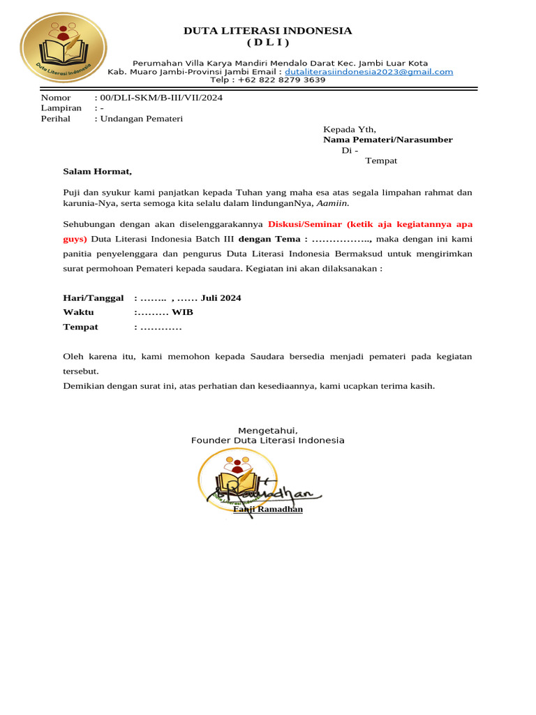 Format Surat Undangan Pemateri Dli 2023 | PDF
