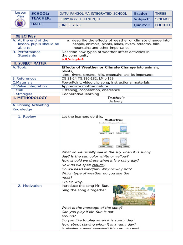 Lesson Plan Science Effects of Weather - LANTIN - 2nd CO | PDF