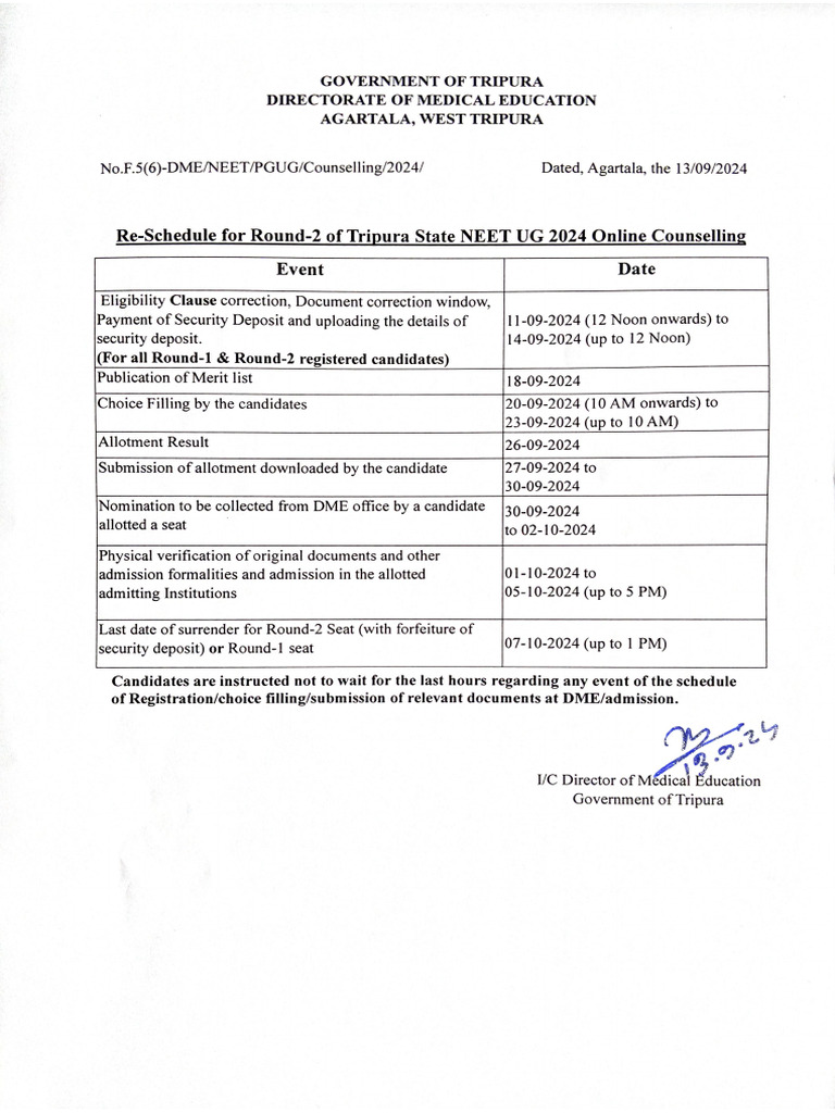 Re-Schedule of Round-2 of Tripura State NEET UG 2024 Counselling | PDF