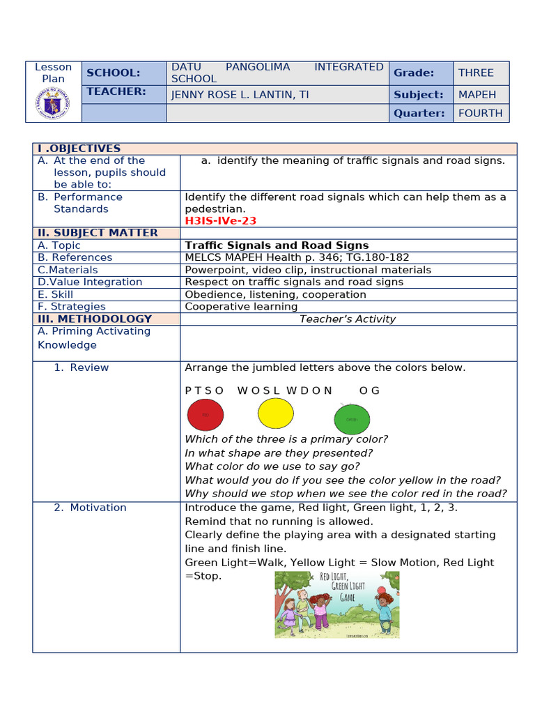 CO4 MAPEH Lesson Plan TRAFFIC SY 2022 2023 | PDF