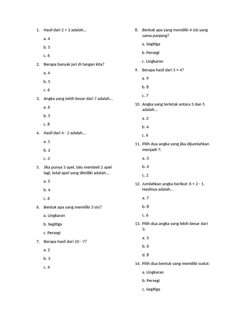Soal Matematika Kls 1 | PDF