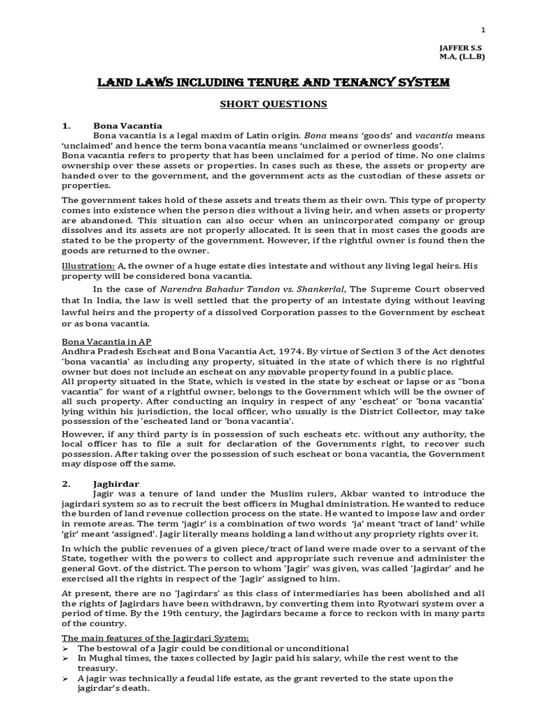 Land Laws - Short Questions | PDF