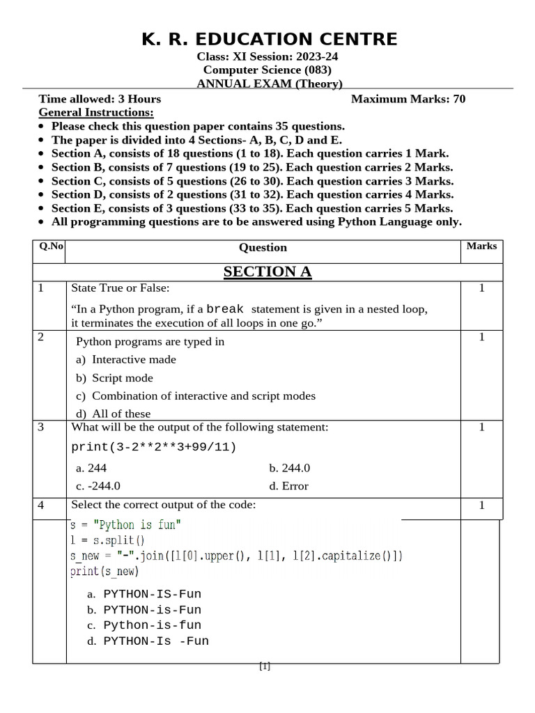 ComputerScience - 11 ANNUAL 2023-24 | PDF