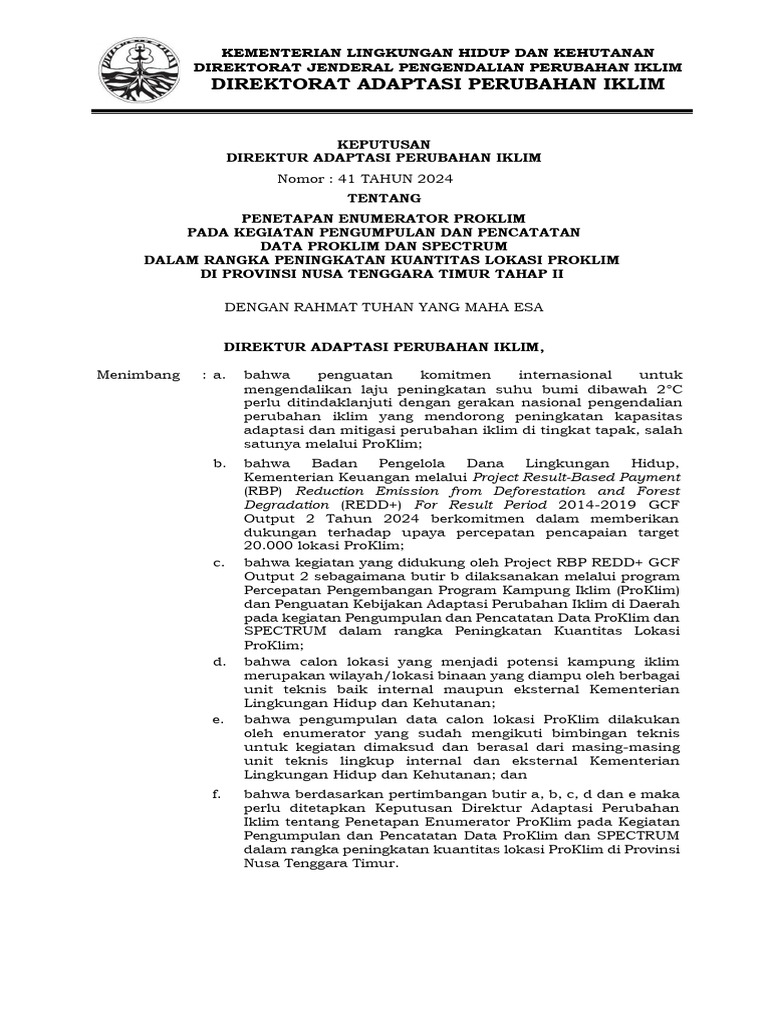 SK.41 TAHUN 2024 Penetapan Enumerator ProKlim Tahap II - NTT | PDF