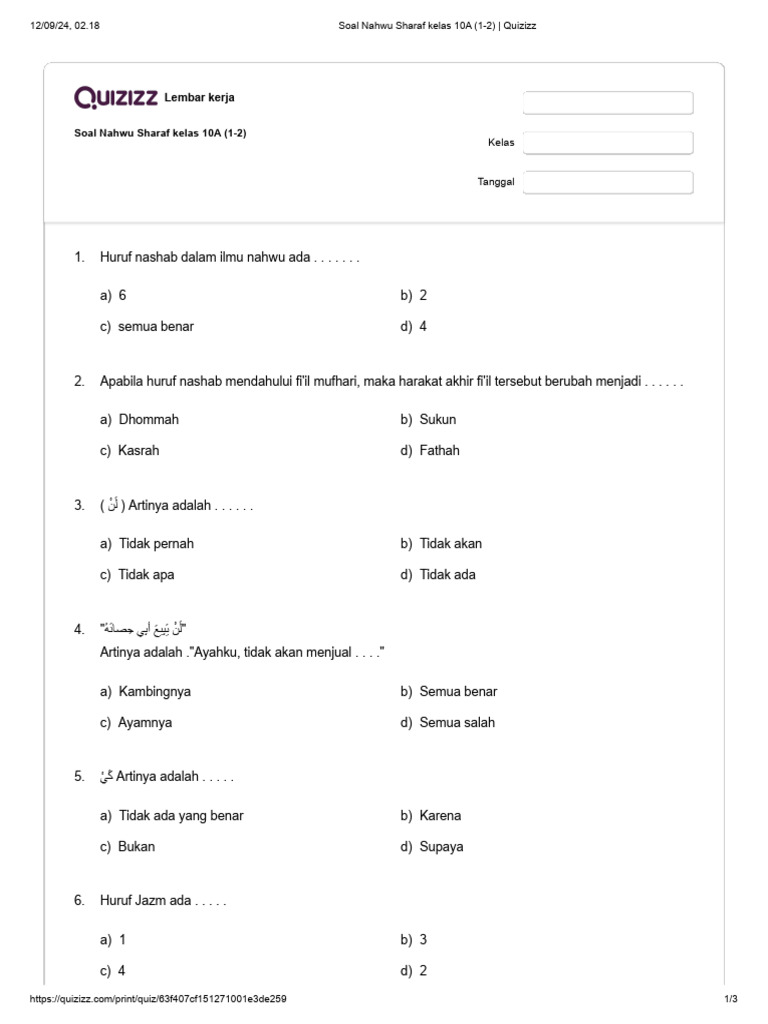 Soal Nahwu Sharaf Kelas 10A (1-2) - Quizizz | PDF