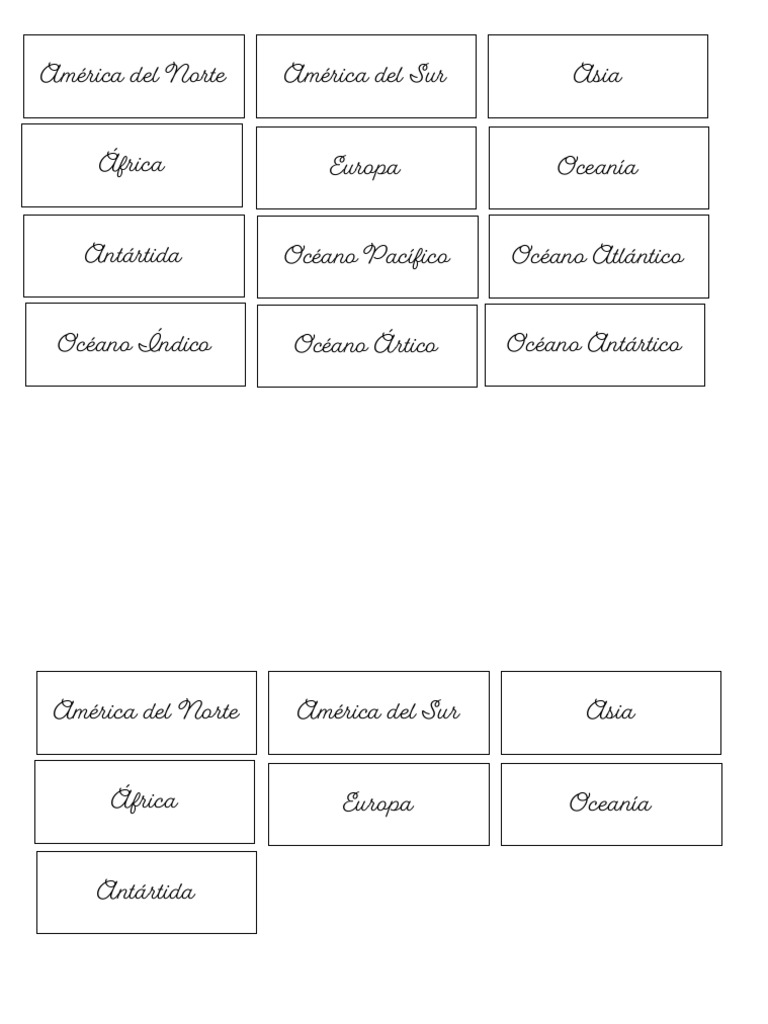 Continentes y Oceanos Tarjetas Nombres | PDF