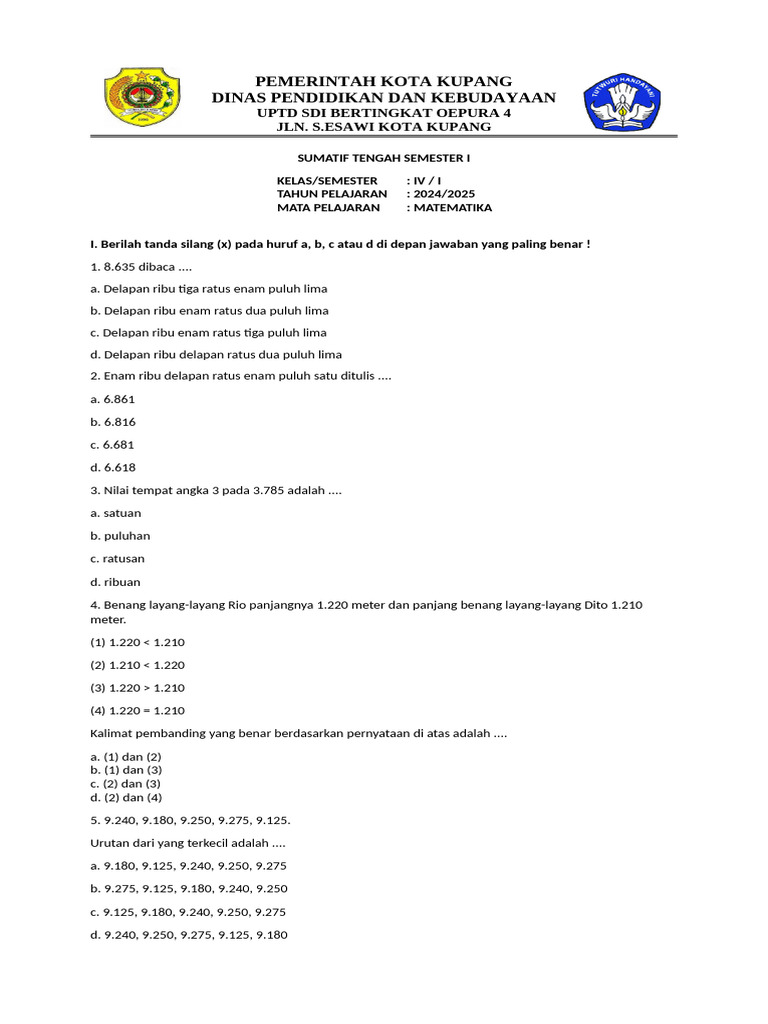 Soal Pts MTK Kelas 4 | PDF