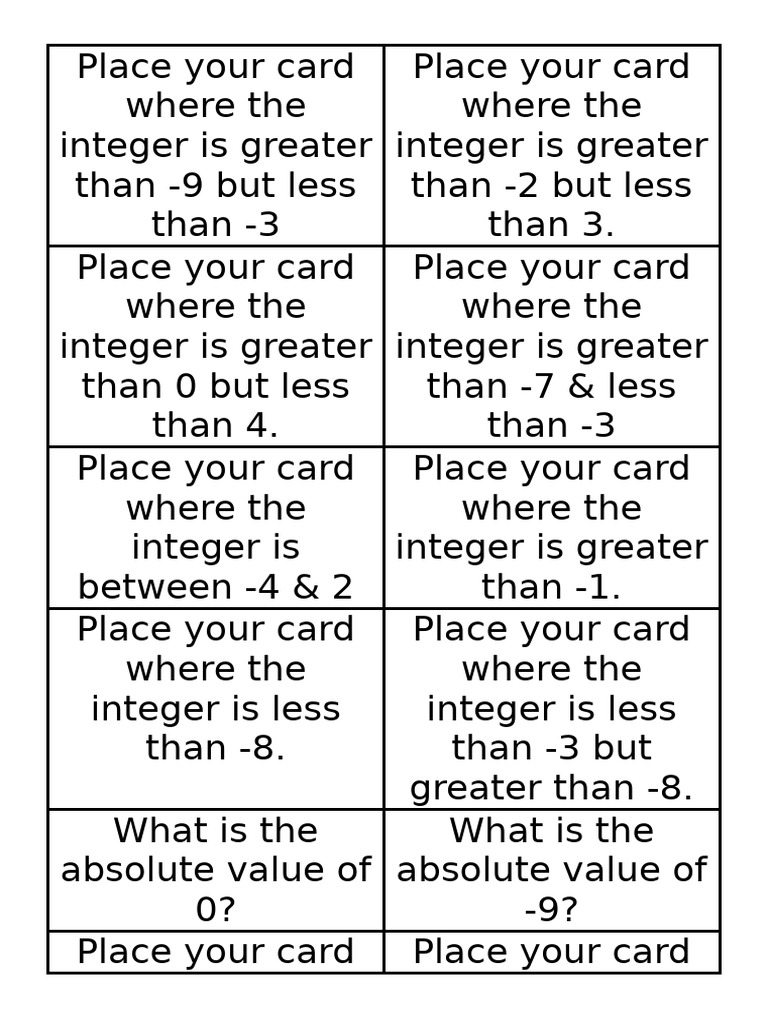 Integers Cards | PDF