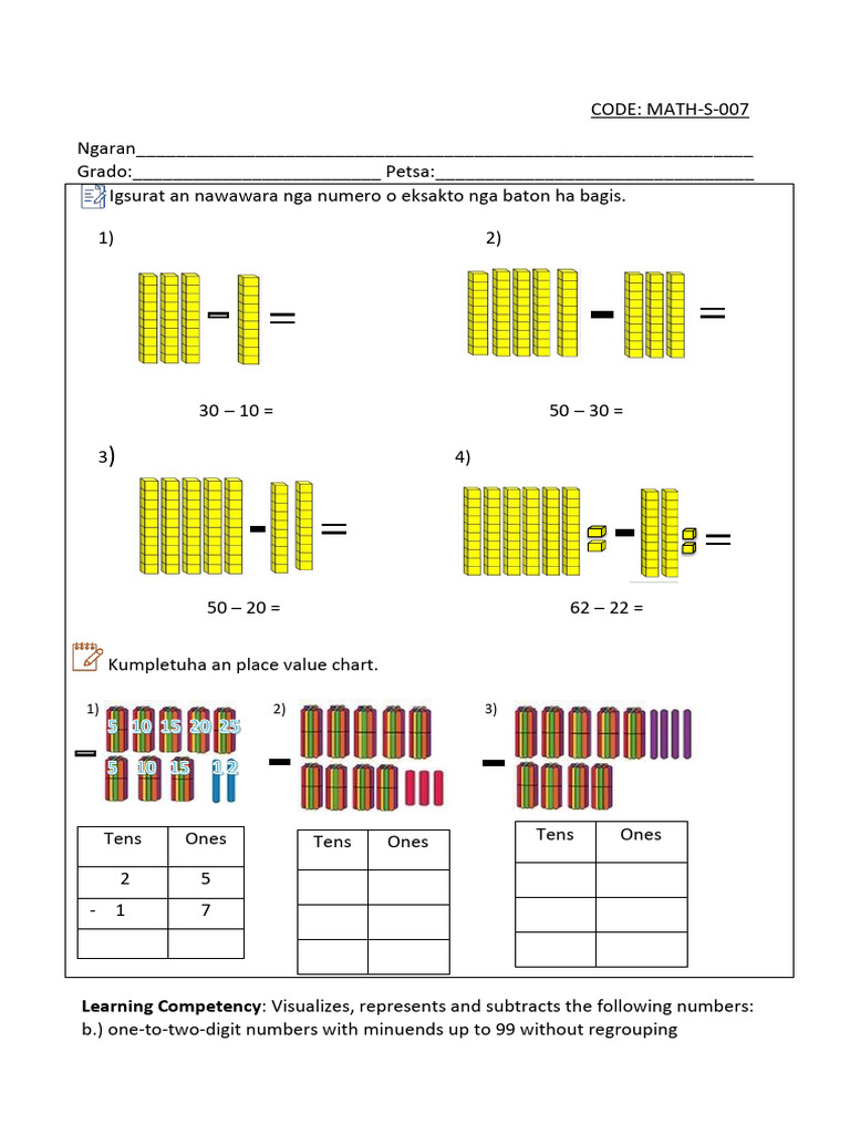 Subtraction Worksheet 7-26 | PDF