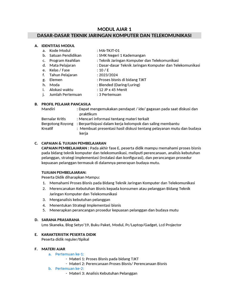 Modul Ajar 1 Dasar Dasar Teknik Jaringan | PDF