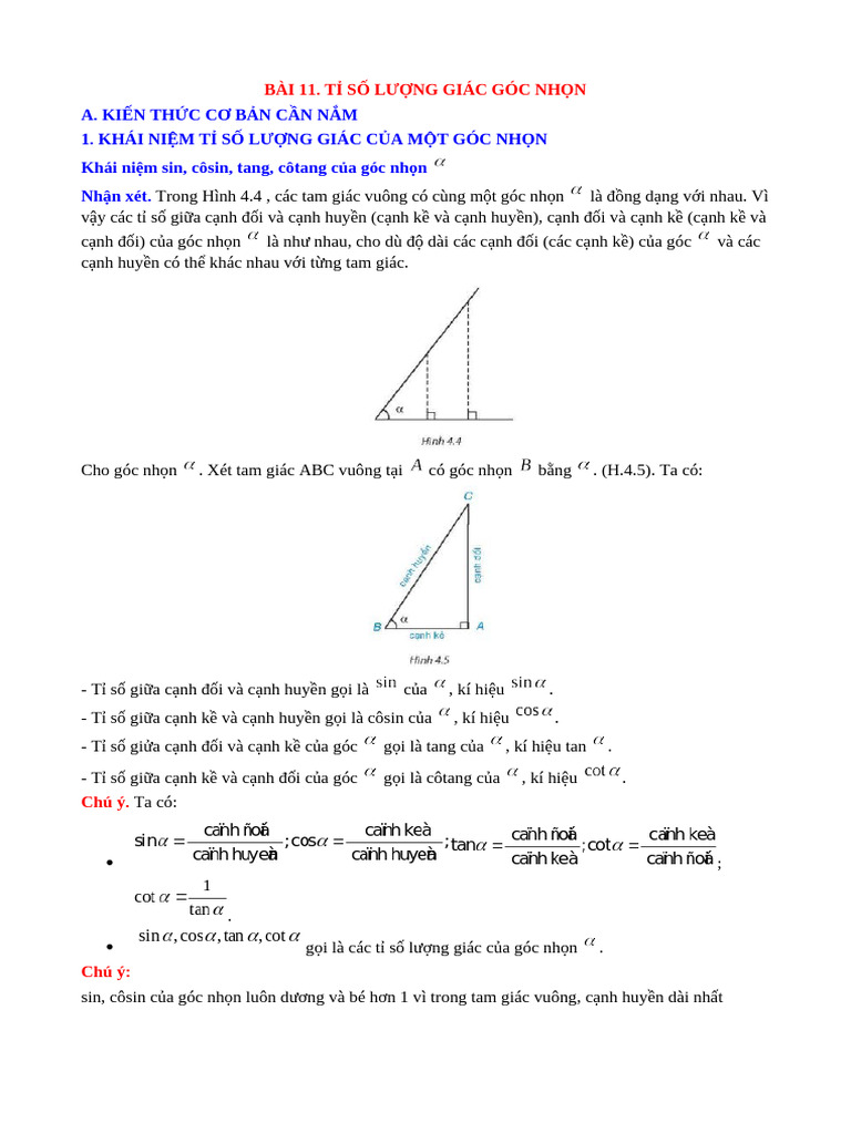 Chương 4 - Bài 11 - Tỉ số lượng giác - Đề bài - Toán 9 - KNTT | PDF
