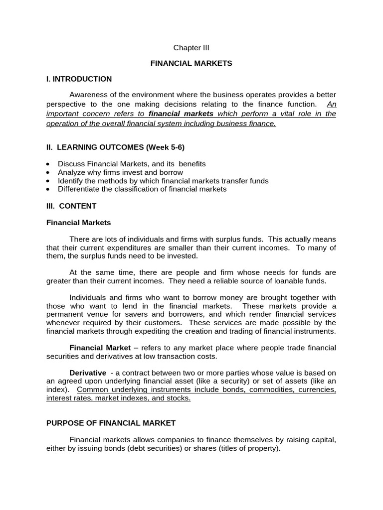 MODULE TM Chap III Financial Markets | PDF