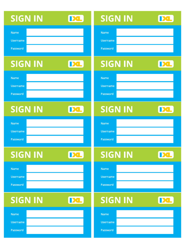 IXL Username and Password Cards | PDF