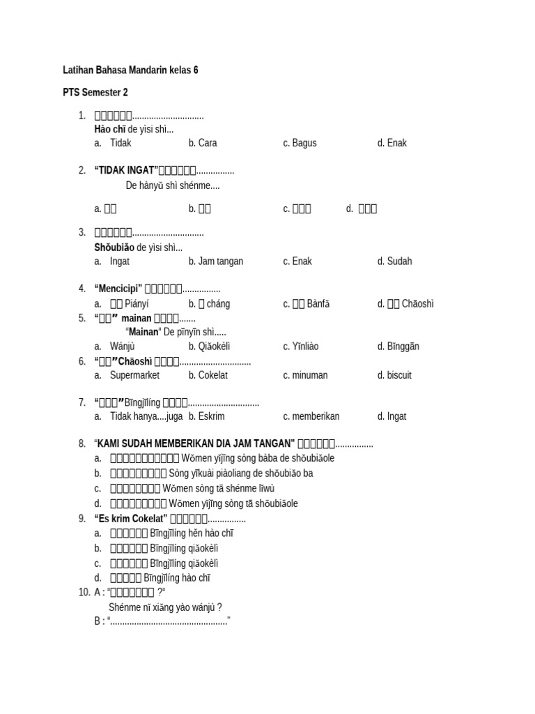 Latihan Bahasa Mandarin Kelas 6 Pdf