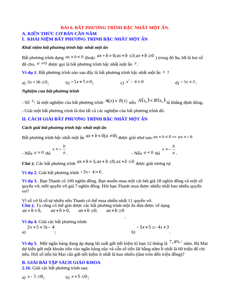 Bài 6 - Bất phương trình bậc nhất 1 ẩn - Đề bài - Toán 9 - KNTT | PDF
