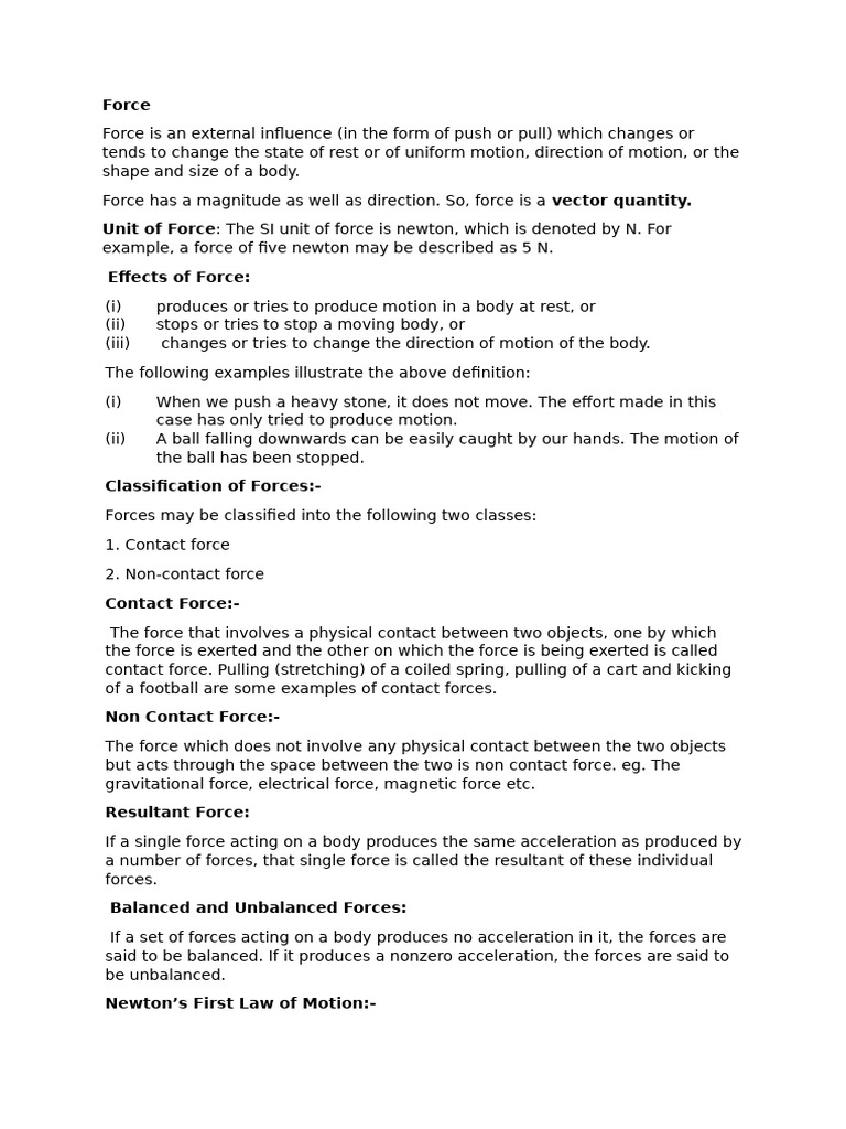 Notes of Chapter Laws of Motion | PDF