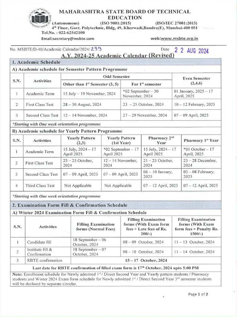 MSBTE A.Y. 2024 25 Academic Calander - Revised - 220820241300 | PDF