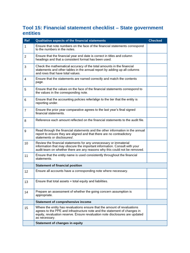 Tool 15 Financial Statement Checklist State | PDF