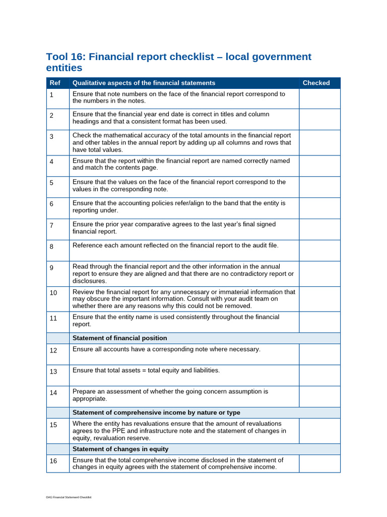 Tool 16 Financial Report Checklist Local Government Entities | PDF