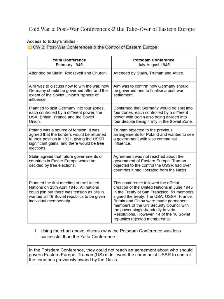 CW2 - Post-War Conferences & The Take-Over of Eastern Europe | PDF ...
