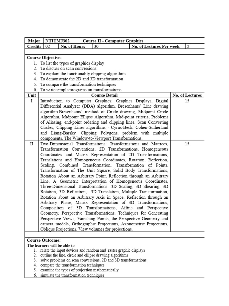 Major NTITMJ302 Course II - Computer Graphics Credits No. of Hours No. of Lectures Per Week ...