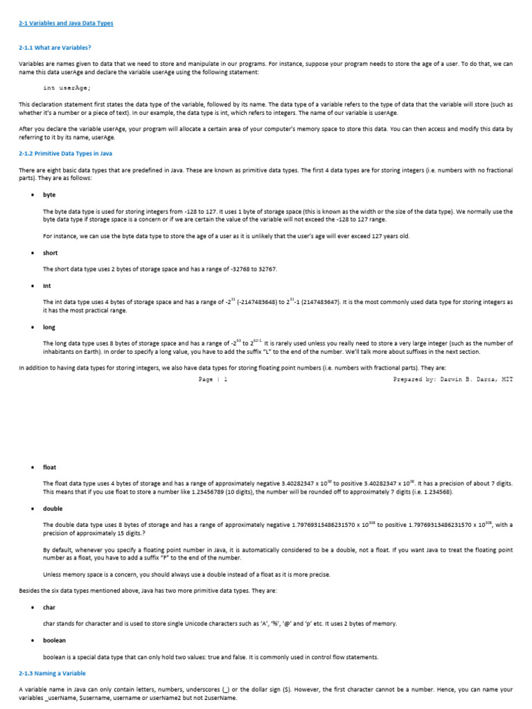 Variables and Java Data Types | PDF