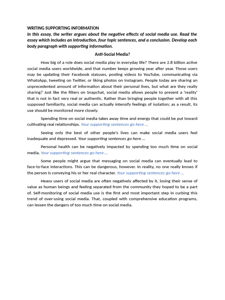Writing Supporting Sentences - Anti-Social Me | PDF