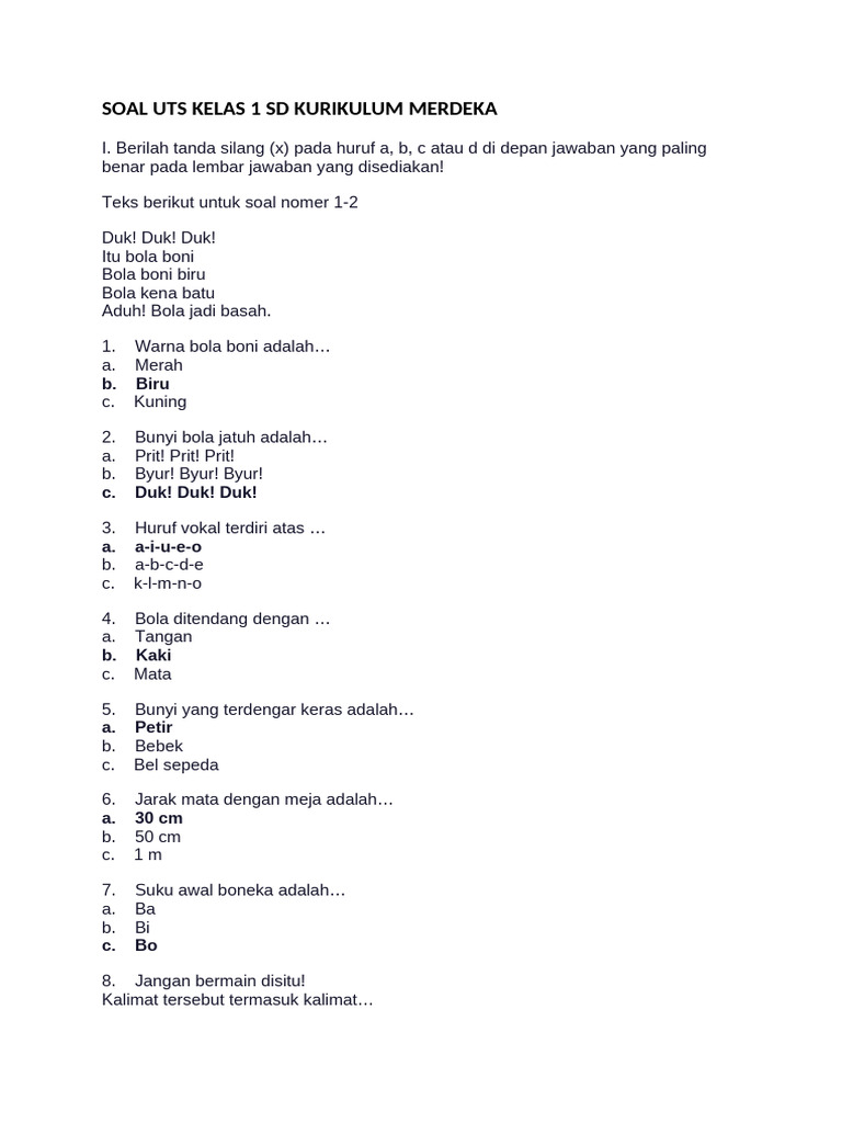 Soal Uts Kelas 1 SD Kurikulum Merdeka | PDF